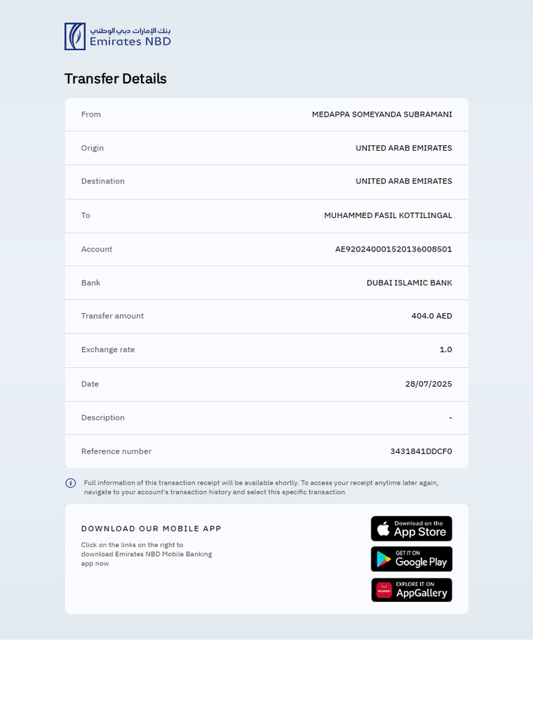 Dubai Bank Transfer Receipt Details | PDF