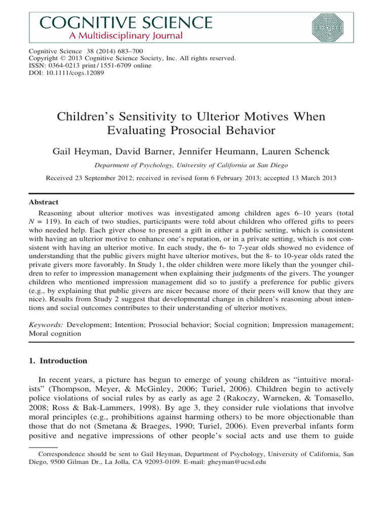 Children's Sensitivity To Ulterior Motives When Evaluating Prosocial ...