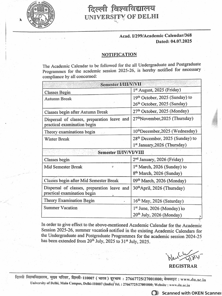 DU Academic Calendar 2025-26 Notification | PDF | Academic Term | Academia