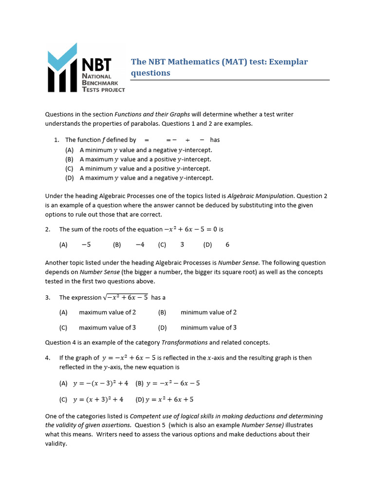 NBT Mathematics Exemplar Questions | PDF | Algebra | Function (Mathematics)