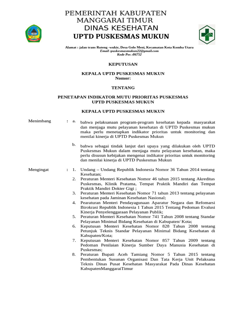 SK Penetapan Indikator Mutu Prioritas Puskesmas | PDF