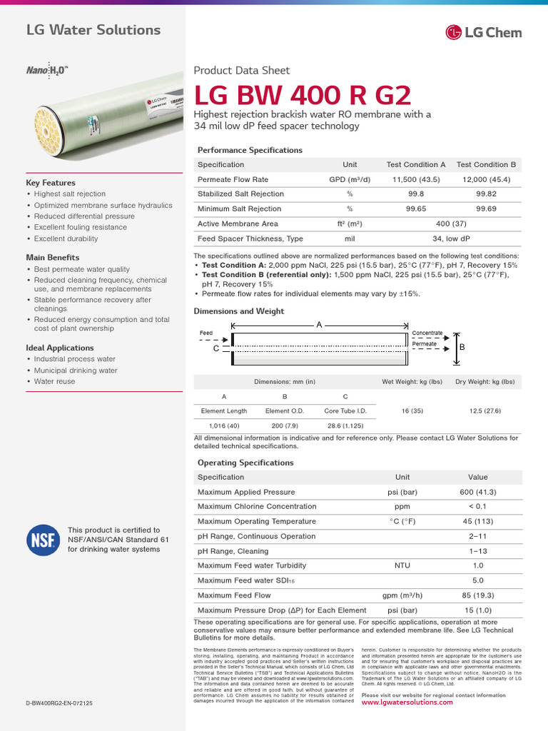 NanoH2O RO PDS LG BW 400 R G2 | PDF | Membrane | Water