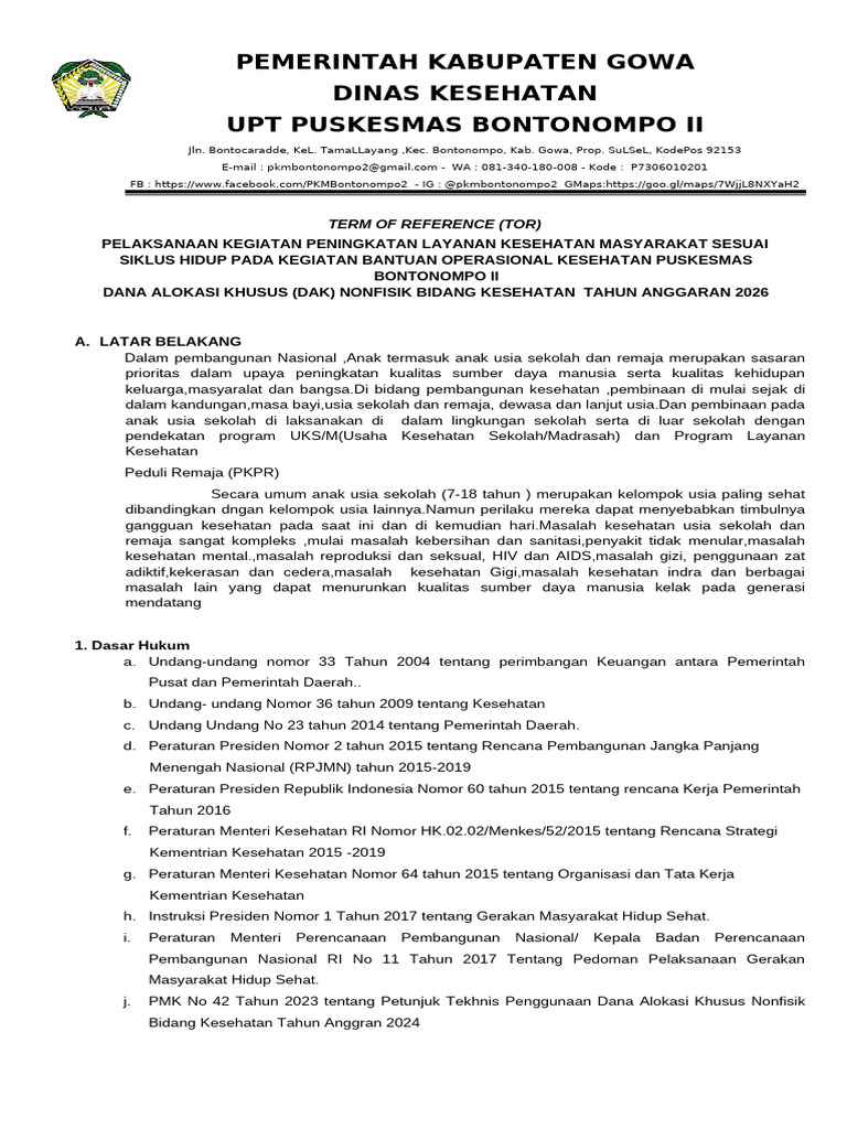 TOR & RAB Pelayanan Kes Anak Sekolah Dan Remaja | PDF