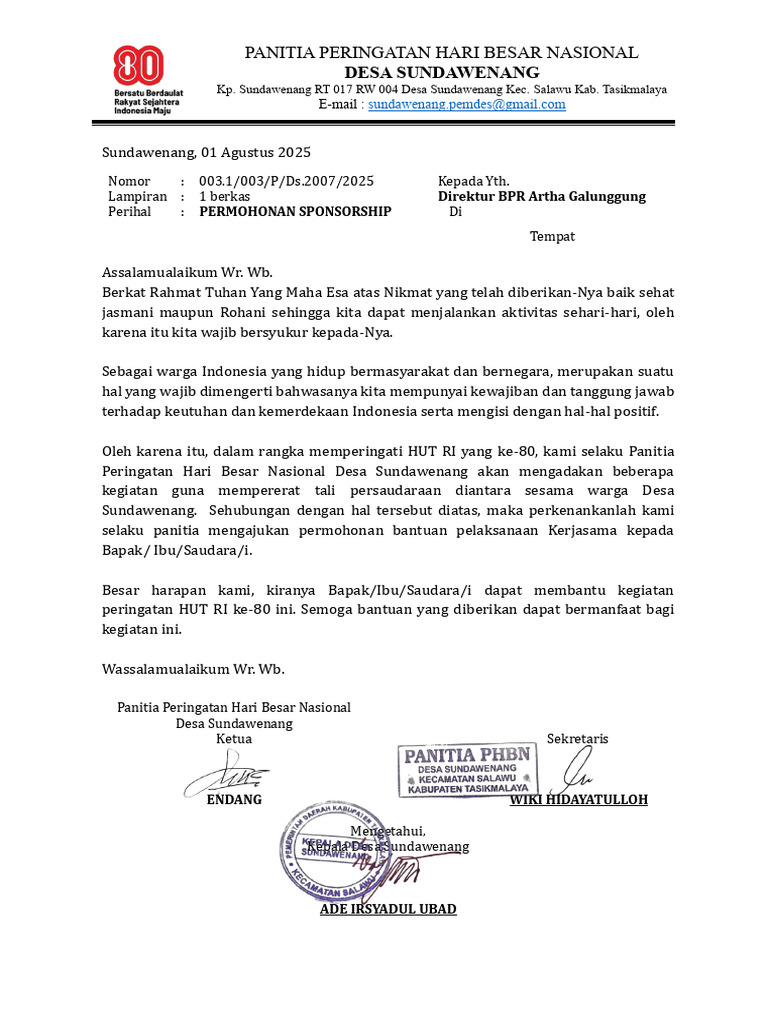 Surat Proposal BPR Artha Galunggung | PDF