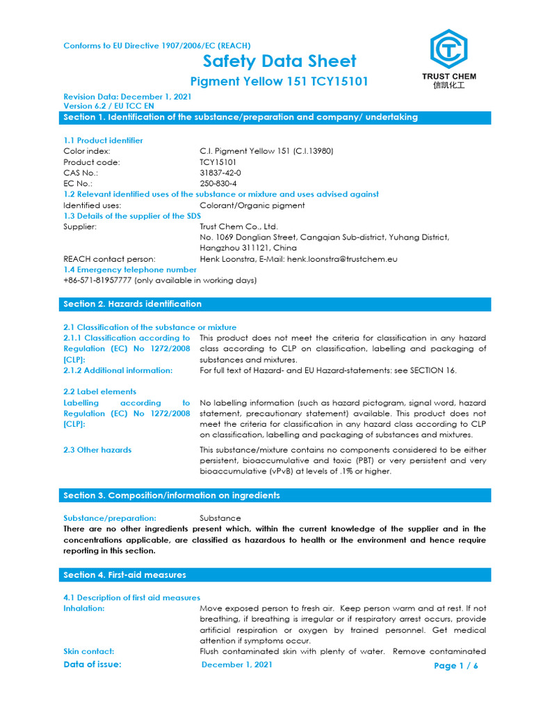 Safety Data Sheet for Pigment Yellow 151 | PDF | Toxicity ...