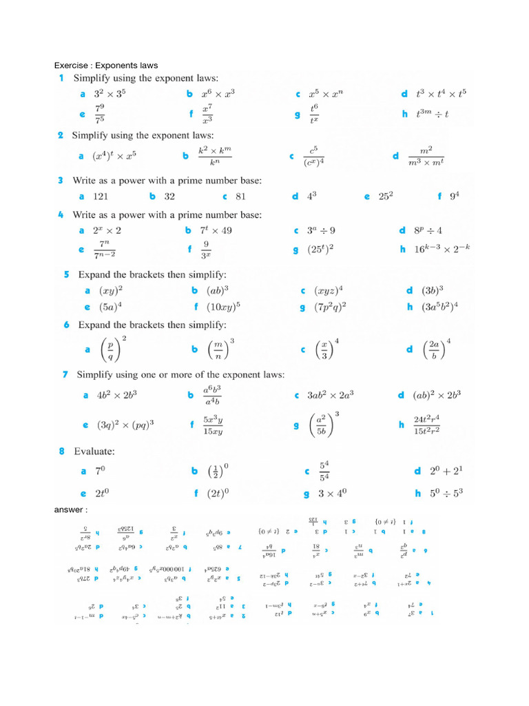 Exercise Exponent Laws MYP5 | PDF