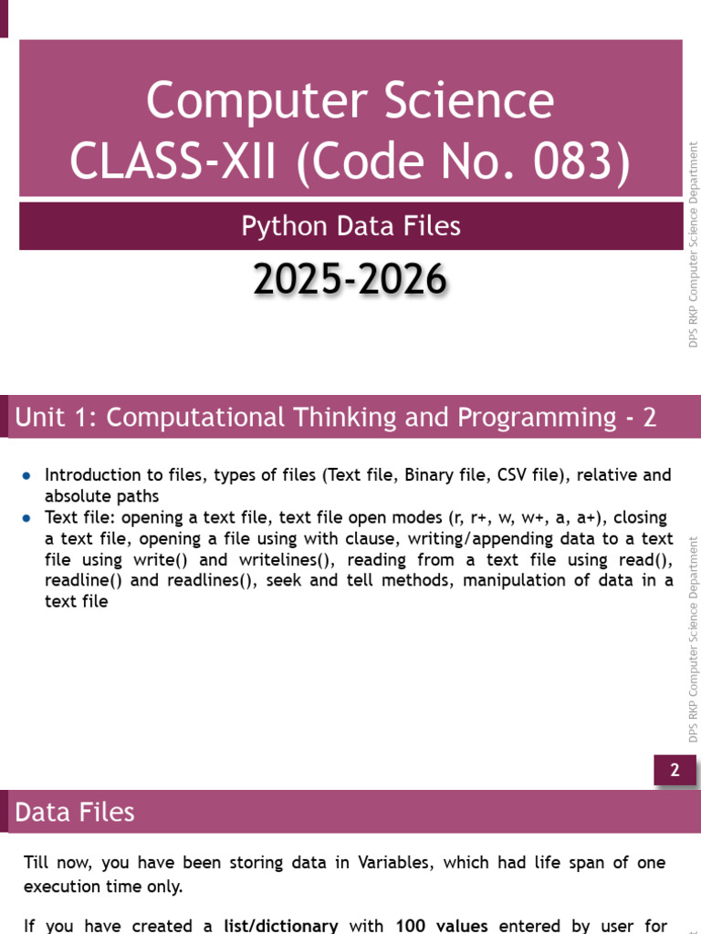 08 - Python Data Files 1 XII - CS - 2025-2026 | PDF | Text File | Computer File