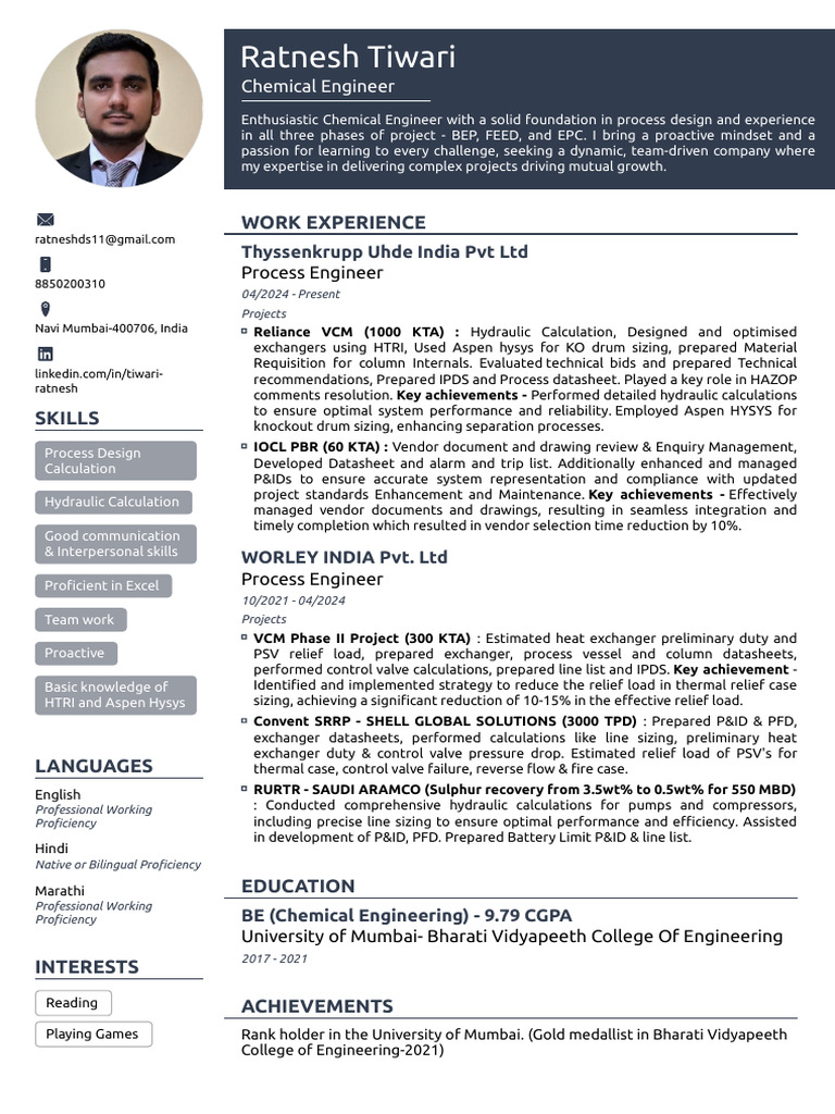 Process Design Engineer - Ratnesh Tiwari | PDF | Mechanical Engineering