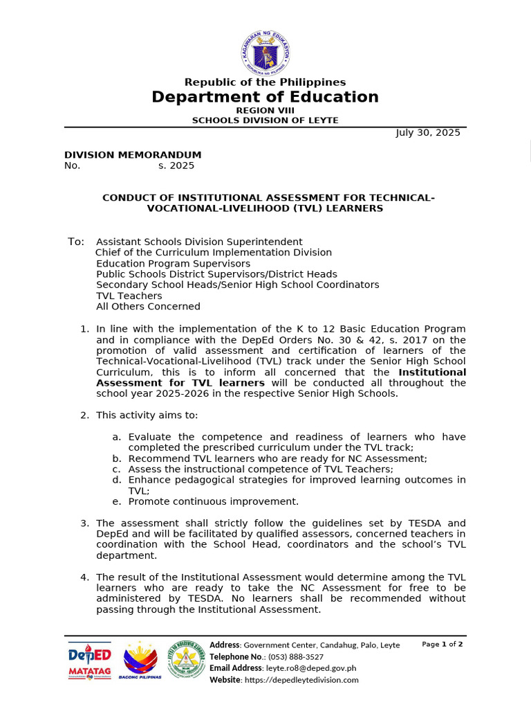 Institutional Assessment for TVL Learners | PDF | Curriculum | Learning