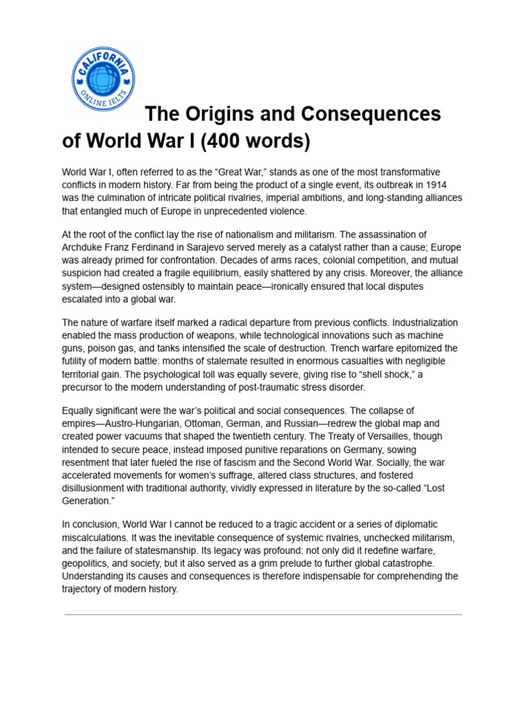 The Origins and Consequences of World War I (400 words) | PDF | World ...