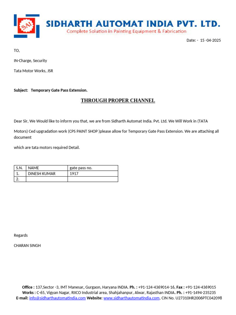 Temporary Gate Pass Latter 26 | PDF
