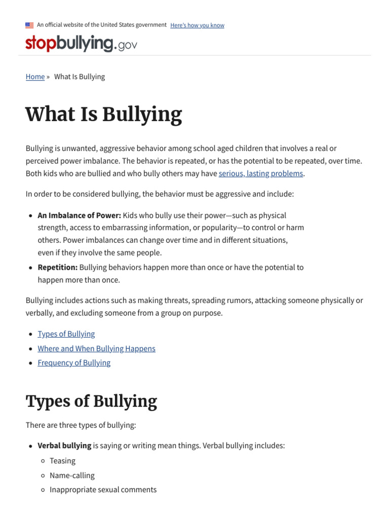 What Is Bullying - StopBullying - Gov | PDF | Bullying | Psychological ...