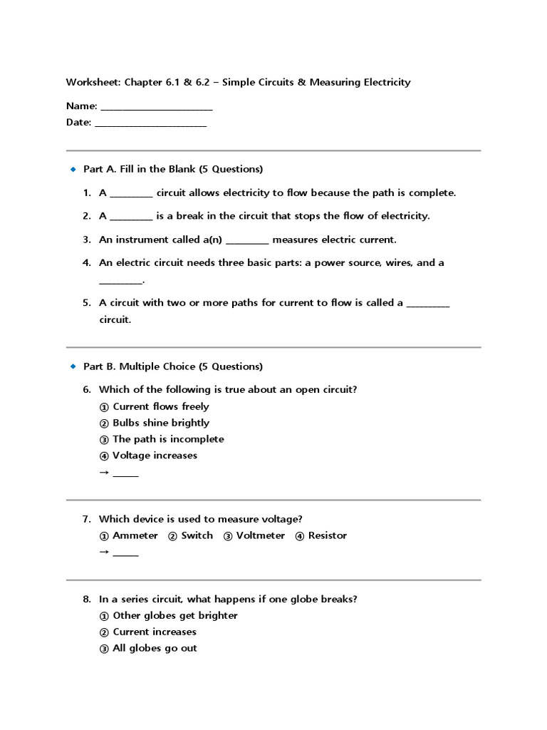 Simple Circuits & Electricity Worksheet | PDF | Series And Parallel ...