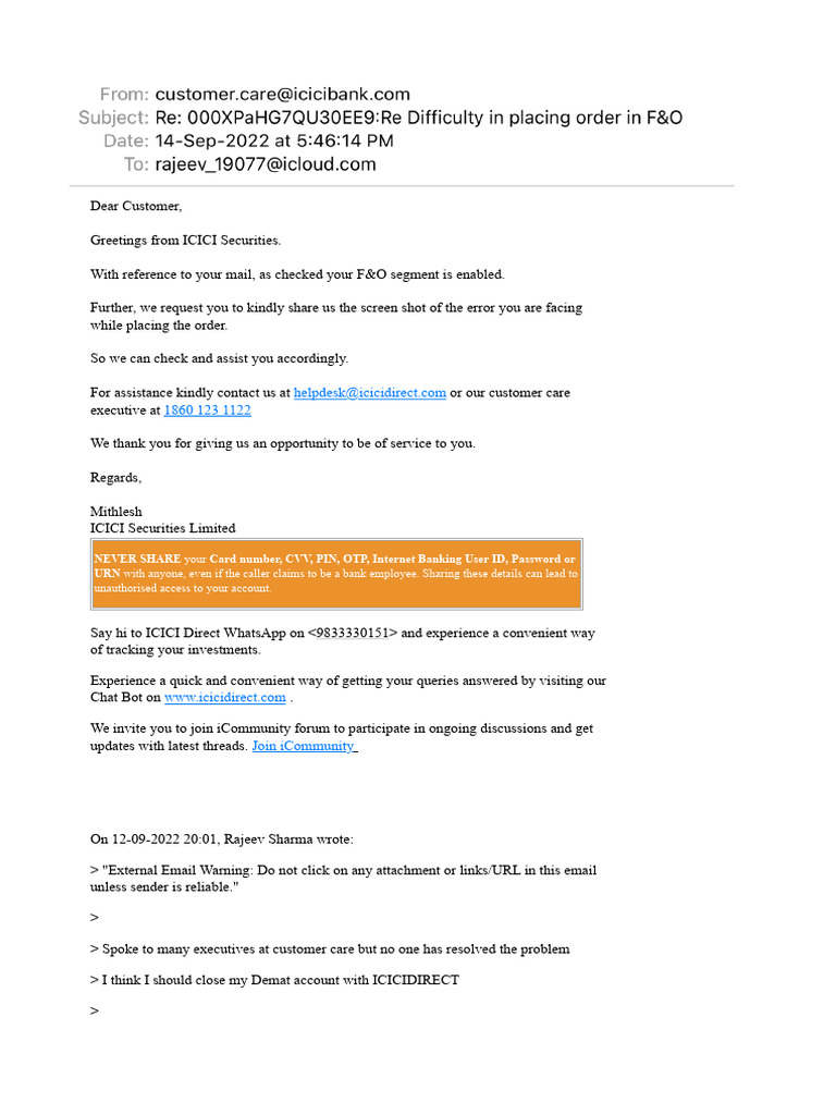 Re 000XPaHG7QU30EE9Re Difficulty in Placing Order in F&O | PDF | World ...