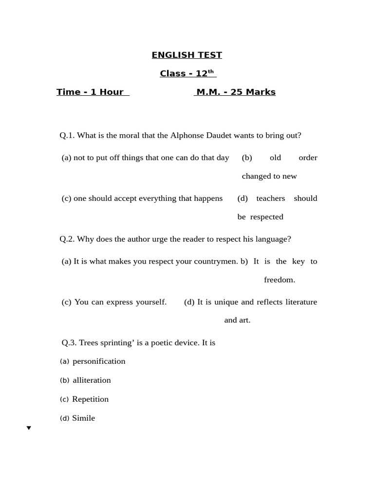 Class 12 English Test Questions | PDF