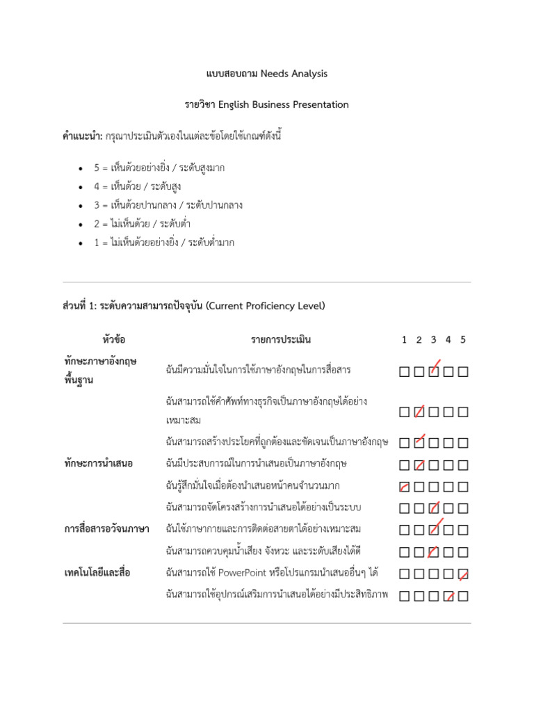 แบบสอบถาม Needs Analysis รายวิชา English Business Presentation | PDF