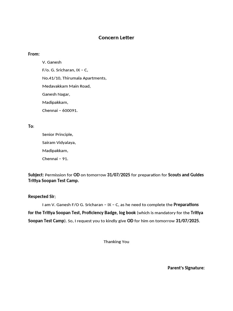 Concern Letter for School Leave Request | PDF