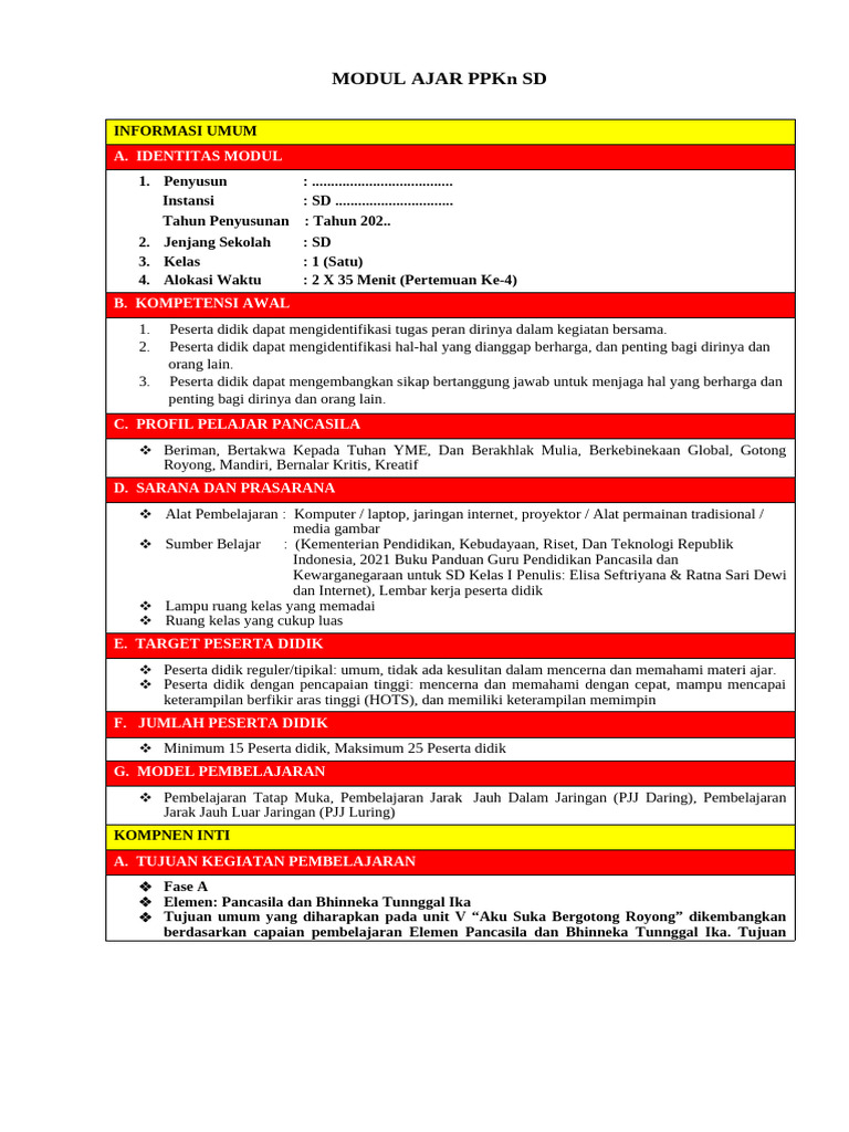 Contoh Modul Ajar Kls 1 PPKN SMTR 2 | PDF