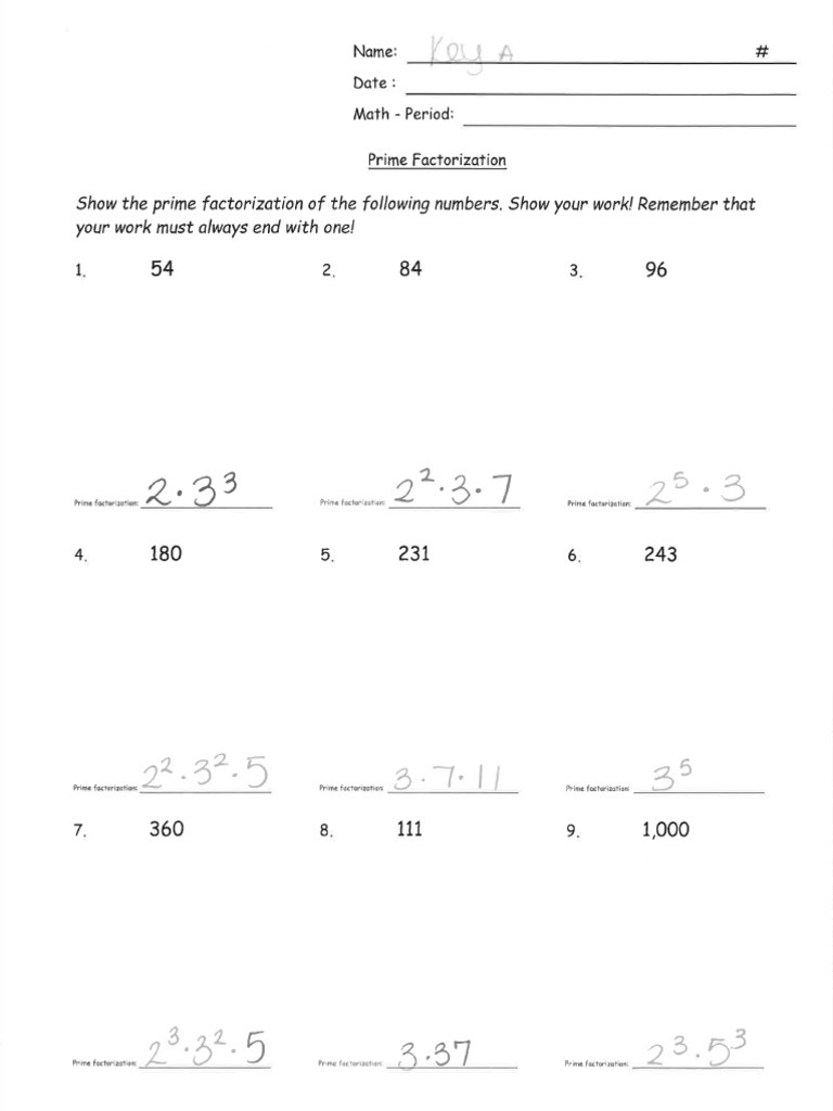 Prime Factorization Handout Solutions A | PDF