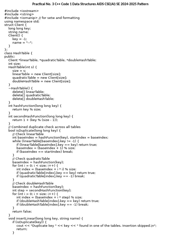 Practical No. 3 C++ Code 1 Data Structures AIDS CSE (AI) SE 2024-2025 Pattern | PDF | Computer ...