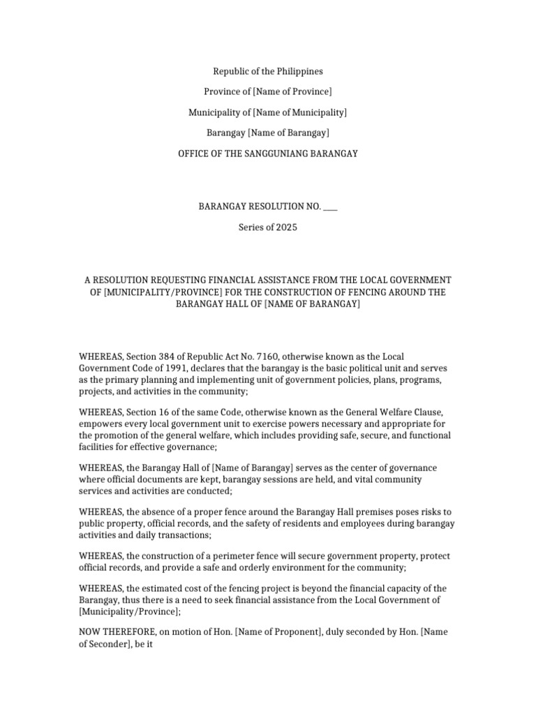 Barangay Resolution Request Funds Fencing | PDF | Governance | Justice