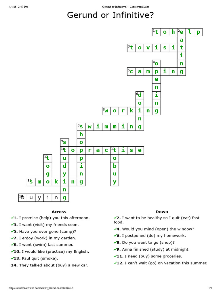 Gerund vs Infinitive Crossword Puzzle | PDF | Chess Theory | Chess