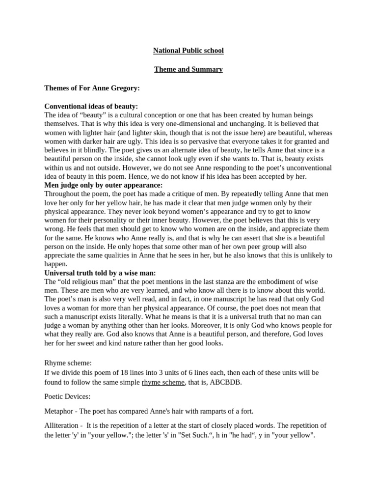 Themes in "For Anne Gregory" | PDF | Poetry | Beauty