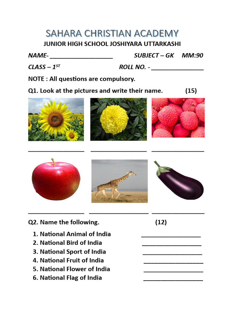 Sahara Christian Academ3 GK 1st | PDF