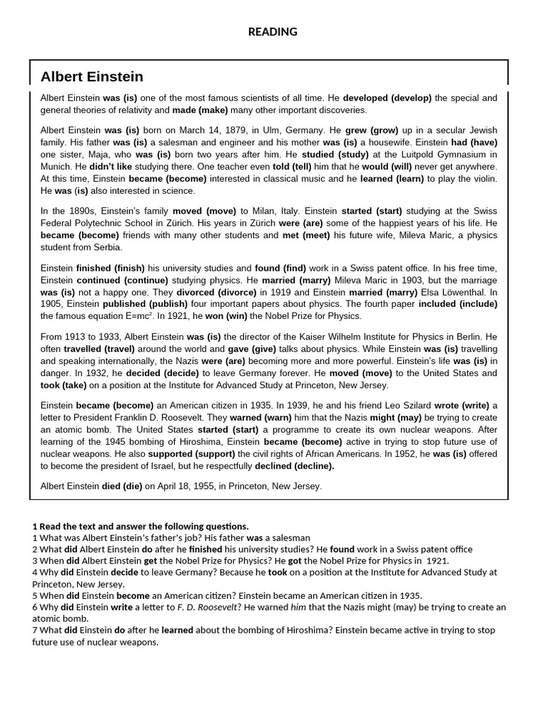 Albert Einstein Reading Reading Comprehension Exercises 100174 | PDF ...