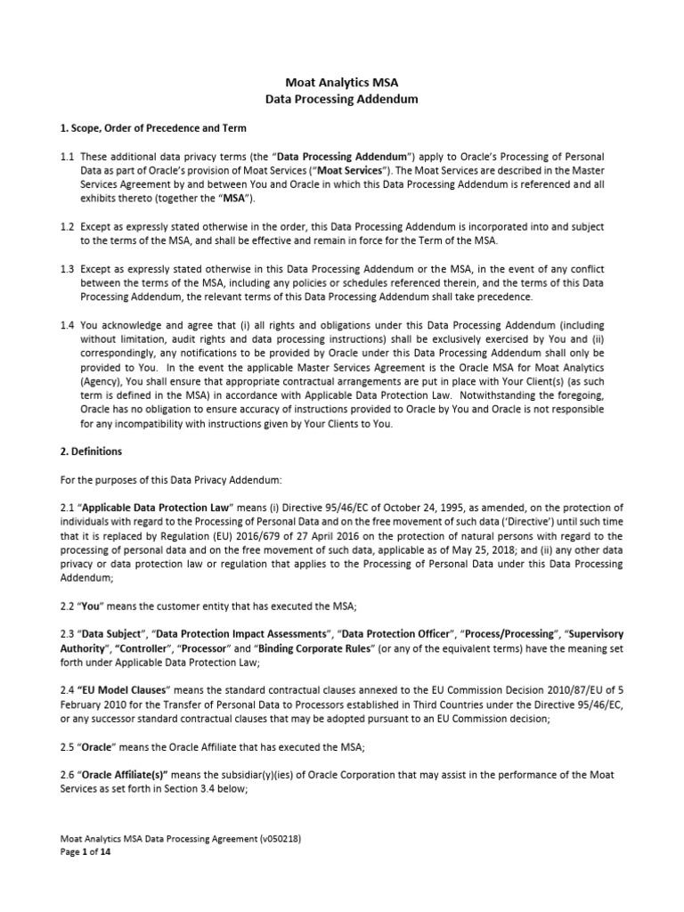 Moat Analytics MSA Data Processing Agreement - 050218 | PDF ...