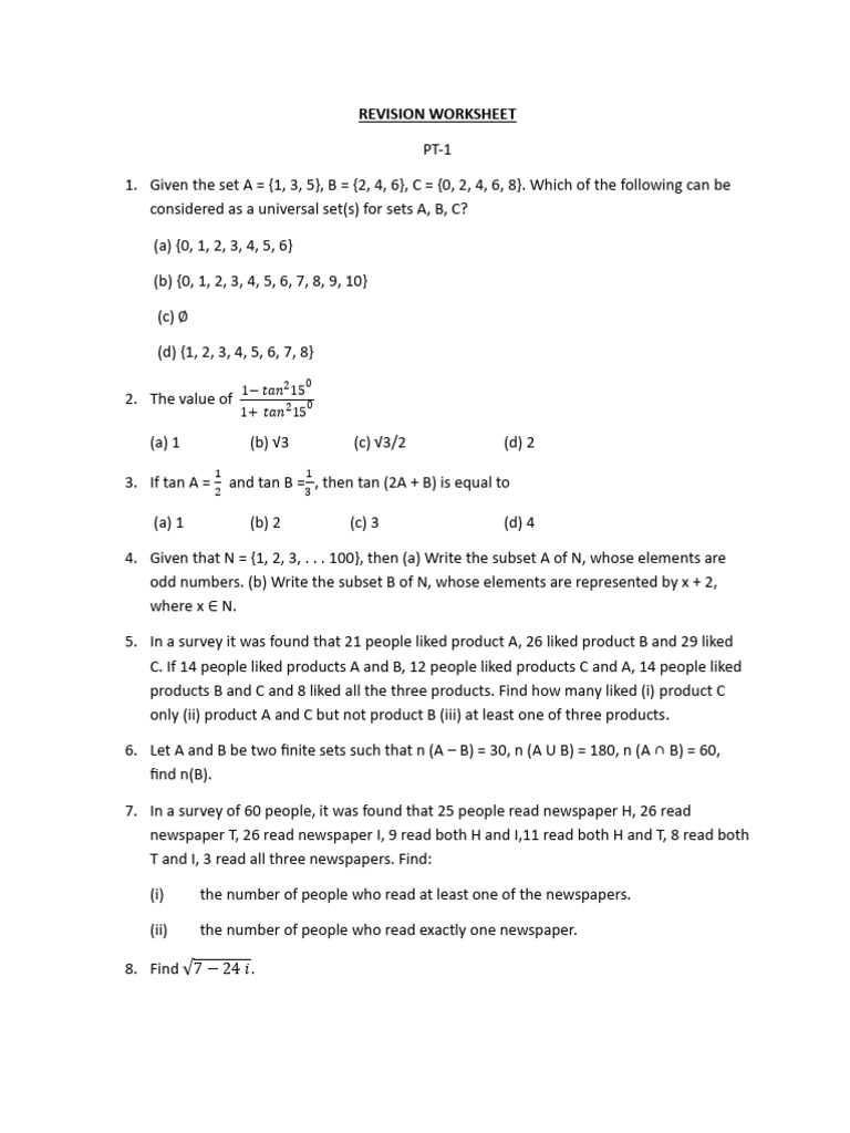 Revision Worksheet PT-1 | PDF