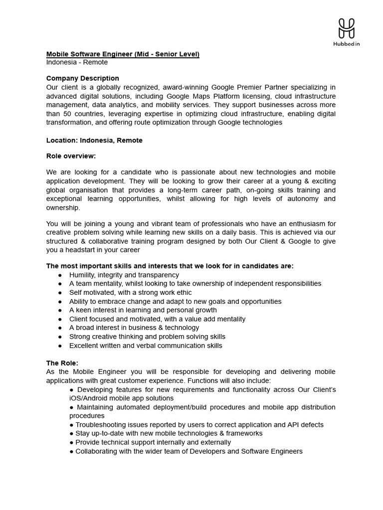 Mobile Software Engineer - Indonesia | PDF | Mobile App | Cloud Computing