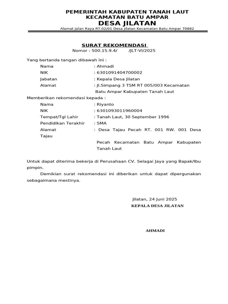 SURAT Rekomendasi Kerja RIYANTO | PDF
