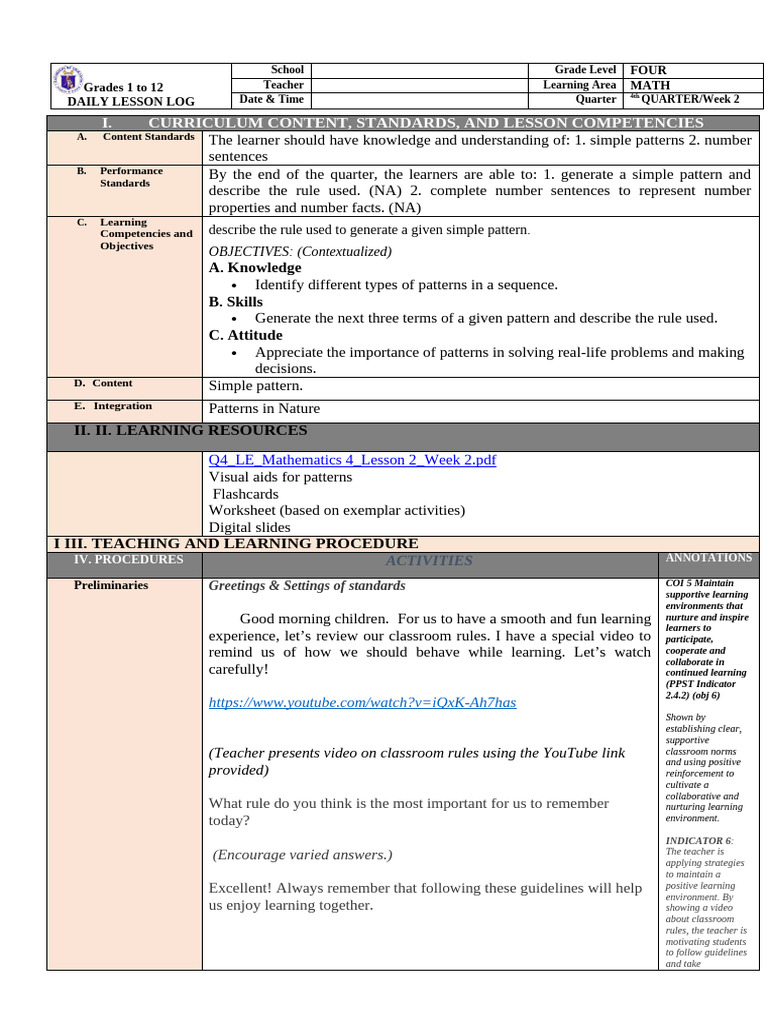 Grade 4 Math Lesson on Patterns | PDF | Learning | Differentiated ...