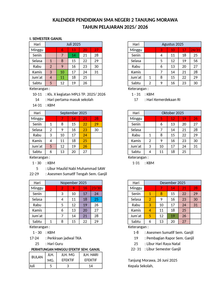 Kalender Pendidikan SMA Negeri 2 Tanjung Morawa 2025/2026 | PDF