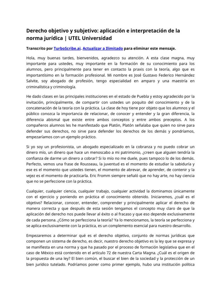Derecho Objetivo y Subjetivo - Aplicación e Interpretación de La Norma ...