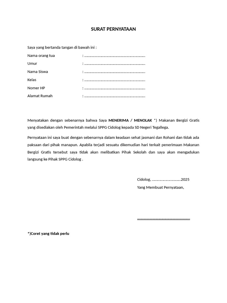 Surat Pernyataan Penerimaan MBG | PDF