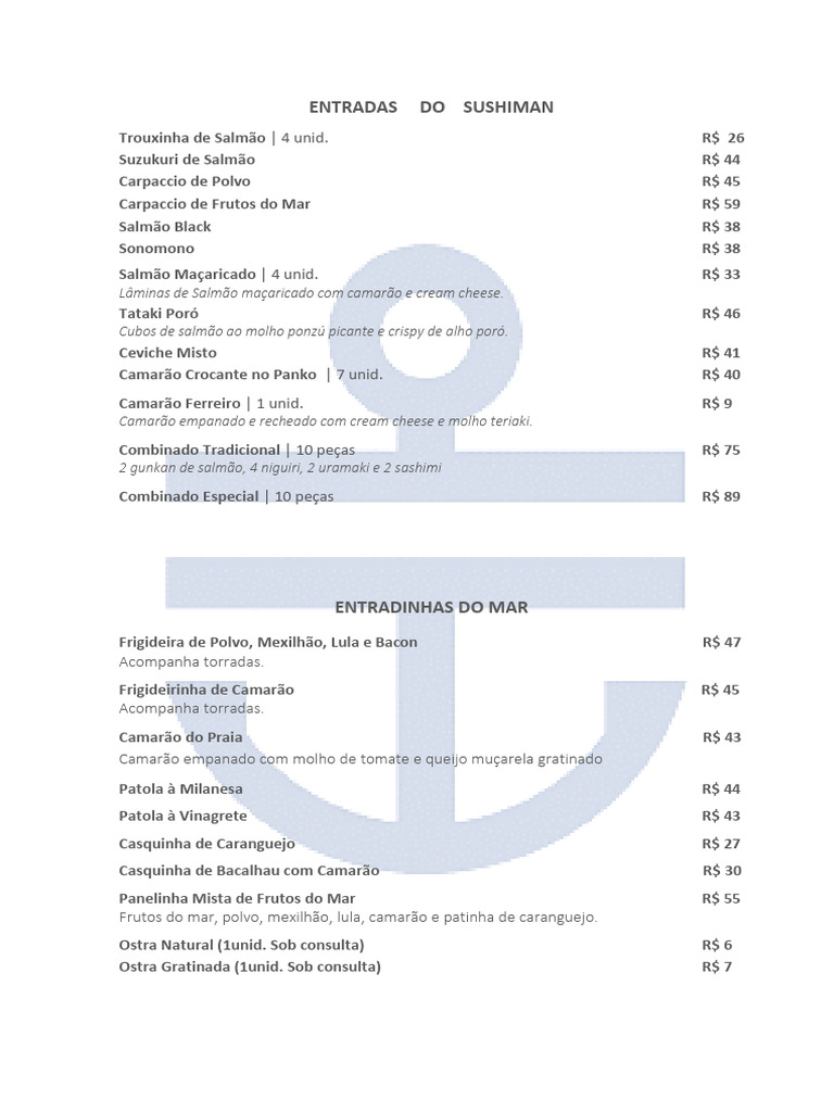 Cardápio do Ferreiro Praia | PDF | Creme (gastronomia) | Fruto do mar