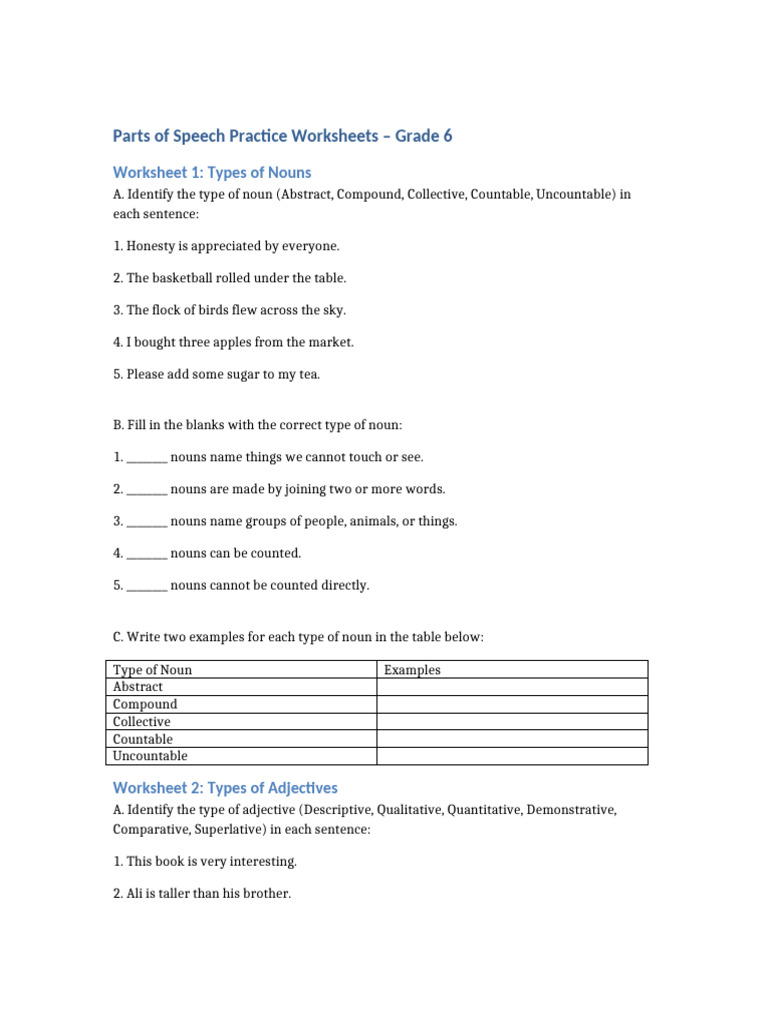 Parts of Speech Worksheets Grade6 | PDF | Adjective | Noun