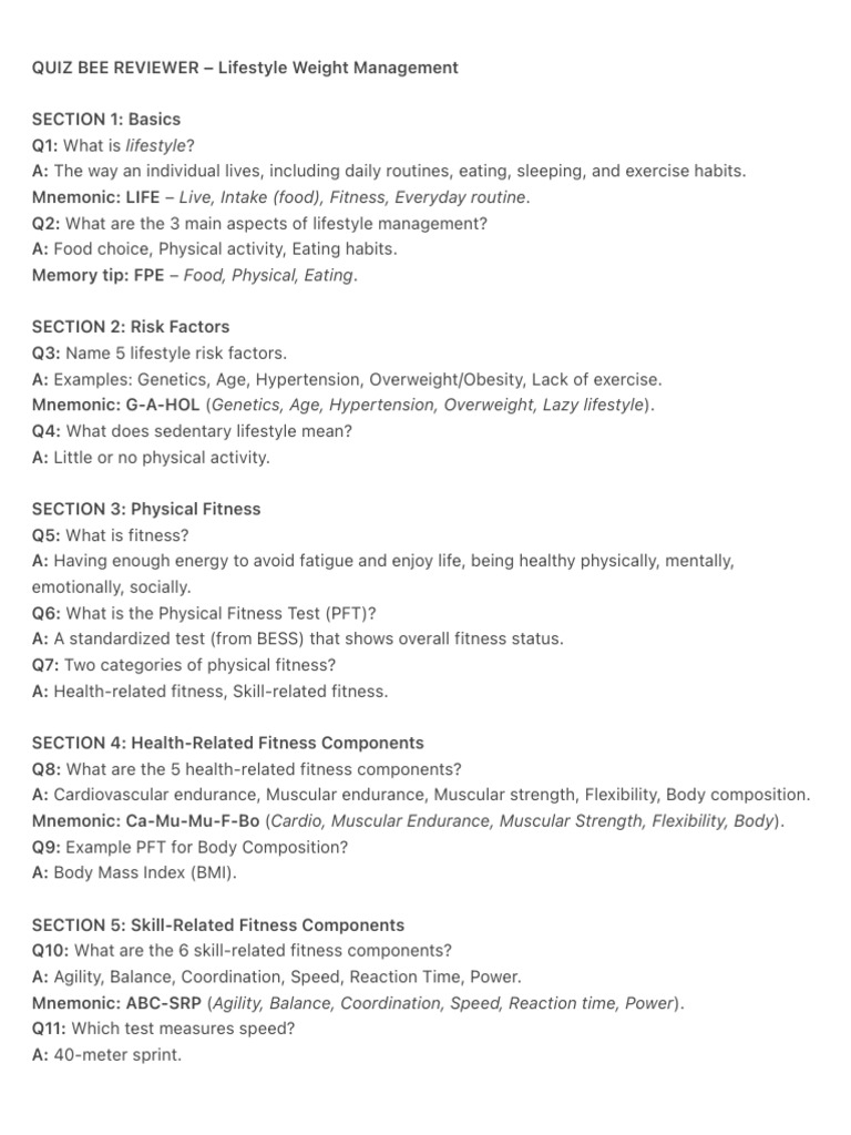 QUIZ BEE REVIEWER Lifestyle Weight Management | PDF | Physical Fitness ...