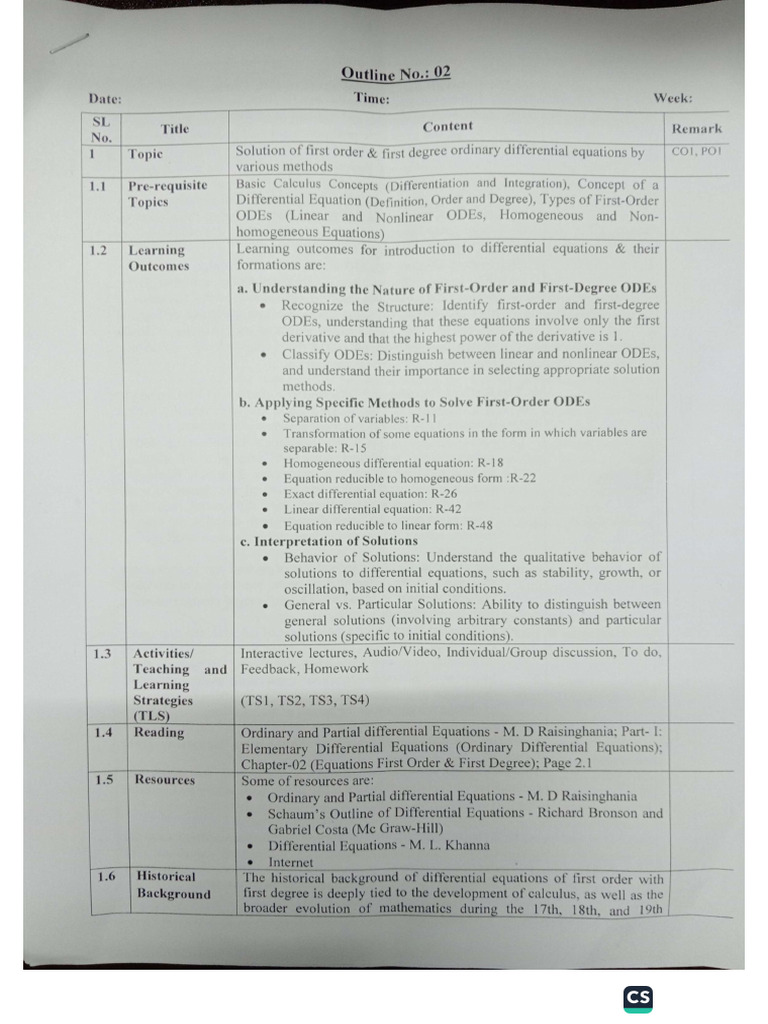 CSE Math 1241 Outline 2 ODE. | PDF