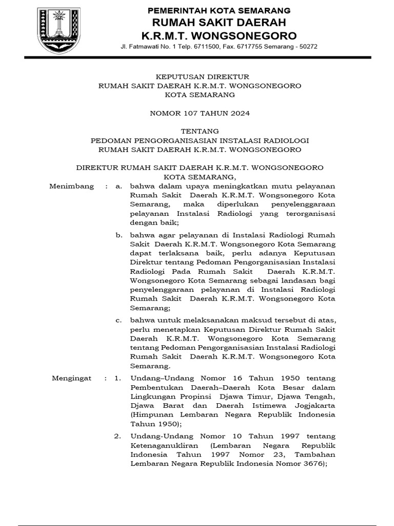 Pedoman Instalasi Radiologi RS Wongsonegoro | PDF