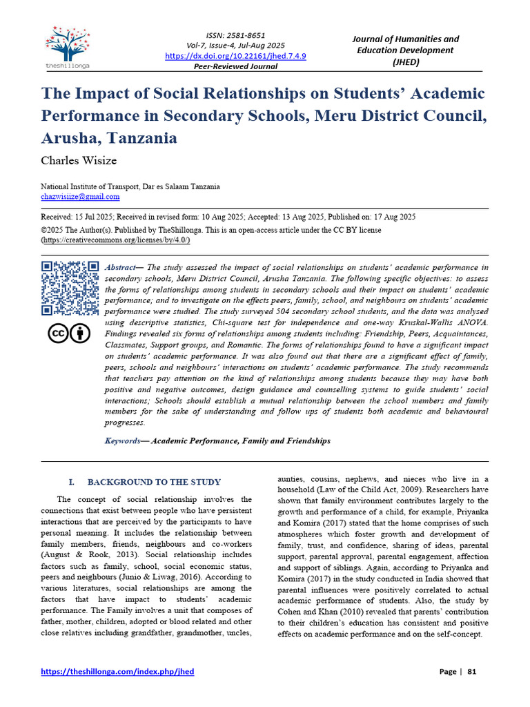 The Impact of Social Relationships On Students' Academic Performance in ...