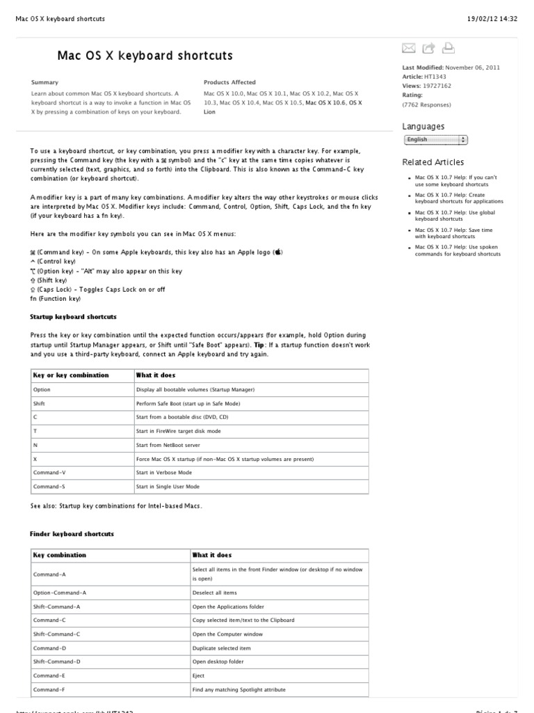 Mac OS X Keyboard Shortcuts | PDF | Computer Keyboard | Keyboard Shortcut