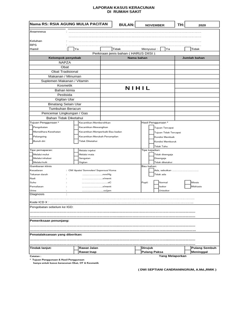 Formulir Catatan Medis Kasus Keracunan RS NIHIL (November 2020) | PDF