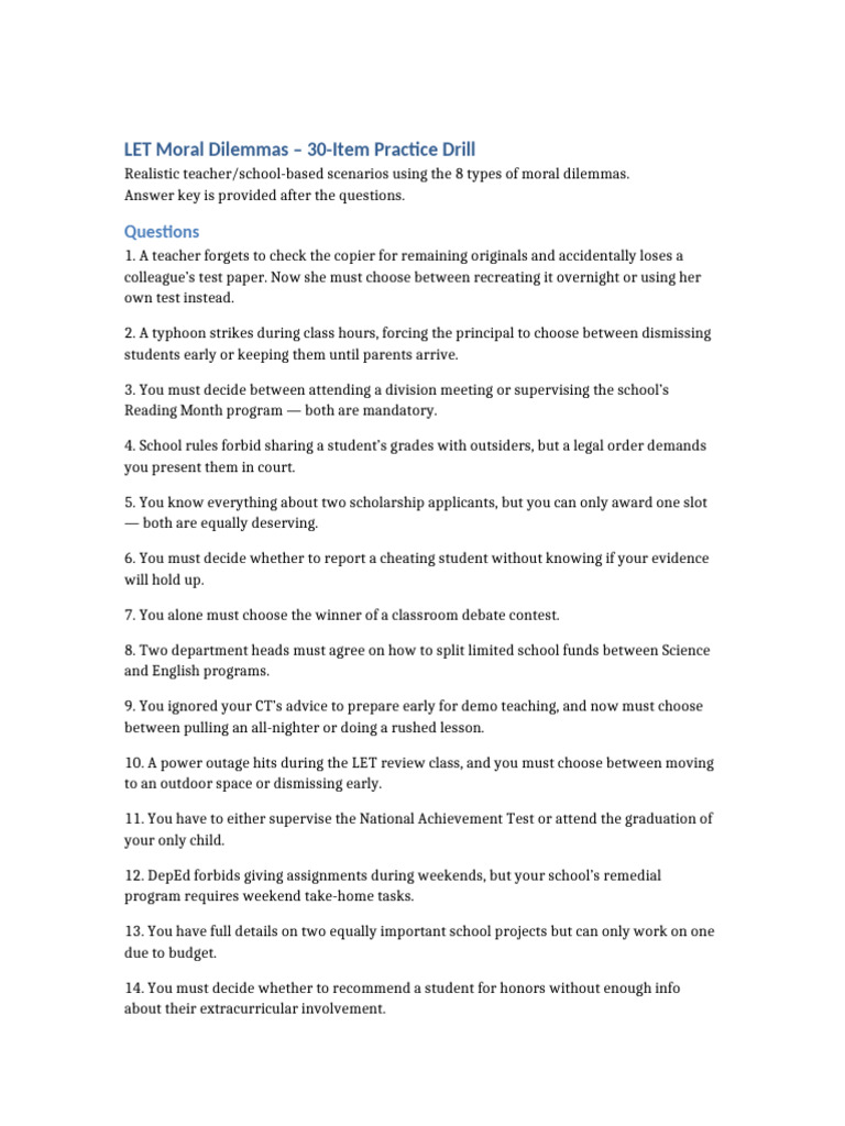 LET Moral Dilemmas 30 Items | PDF