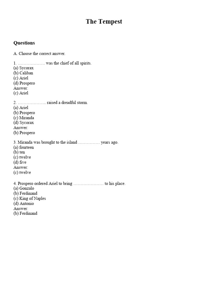 The Tempest: Answer Key & Questions | PDF | The Tempest