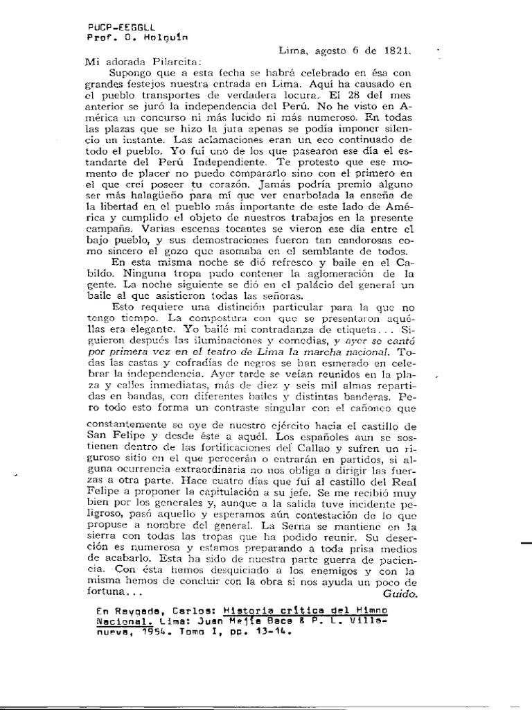 Carta Del General Guido A Su Esposa (Julio 1821) | PDF