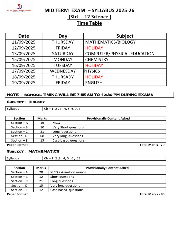 12 Sci Mid Term Exam Syllabus | PDF