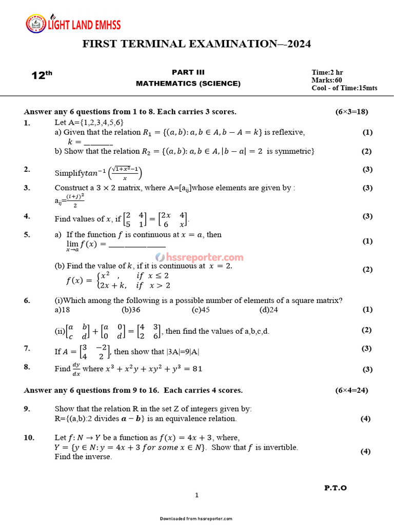 +2 Maths First Terminal Exam 2024hssreporter - Com | PDF | Functions ...